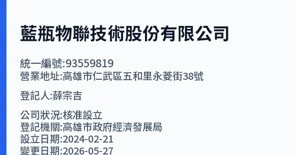 藍瓶物聯技術股份有限公司的照片-統編 93559819(高雄市) 公司登記資料與營業項目詳細圖表