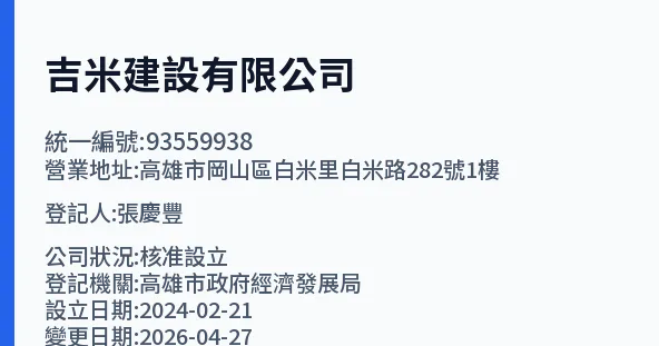 吉米建設有限公司的照片-統編 93559938(高雄市) 公司登記資料與營業項目詳細圖表
