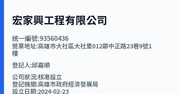 宏家興工程有限公司的照片-統編 93560436(高雄市) 公司登記資料與營業項目詳細圖表