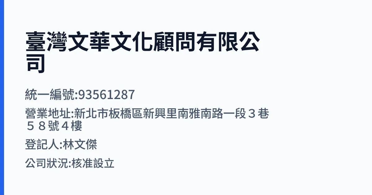 臺灣文華文化顧問有限公司 - 統編 93561287(新北市) 公司登記資料與營業項目詳細圖表
