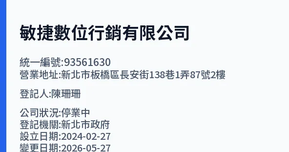 敏捷數位行銷有限公司的照片-統編 93561630(新北市) 公司登記資料與營業項目詳細圖表