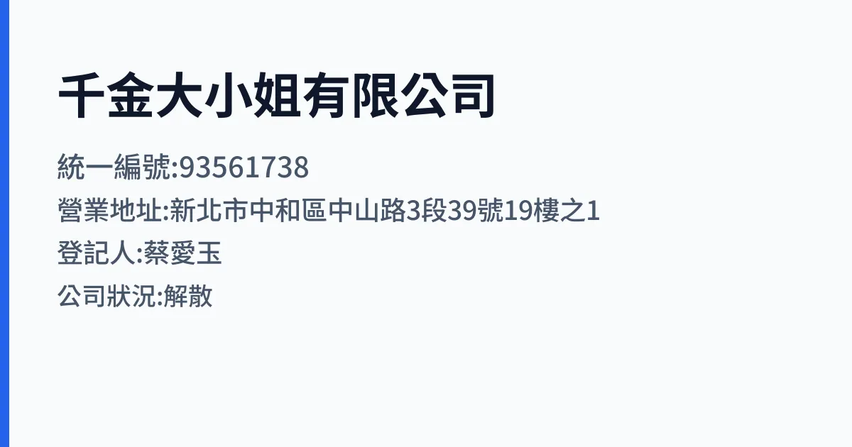 千金大小姐有限公司 - 統編 93561738(新北市) 公司登記資料與營業項目詳細圖表