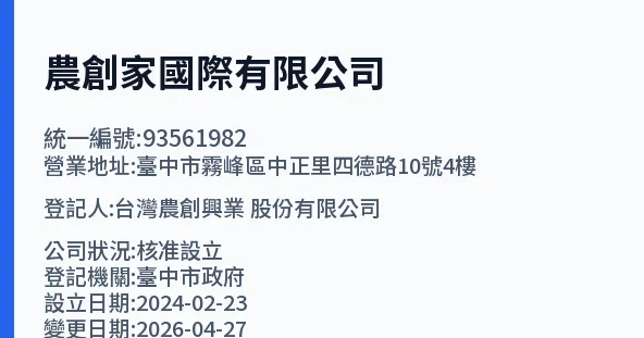 農創家國際有限公司的照片-統編 93561982(臺中市) 公司登記資料與營業項目詳細圖表