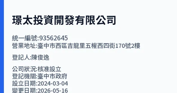 璟太投資開發有限公司的照片-統編 93562645(臺中市) 公司登記資料與營業項目詳細圖表