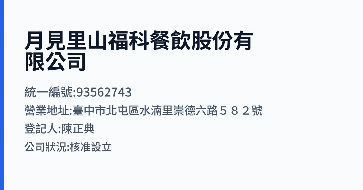 月見里山福科餐飲股份有限公司 - 統編 93562743(臺中市) 公司登記資料與營業項目詳細圖表