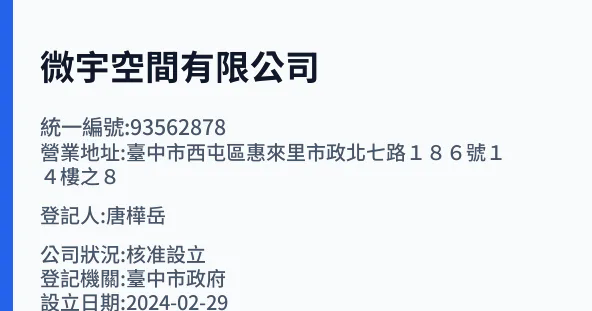 微宇空間有限公司的照片-統編 93562878(臺中市) 公司登記資料與營業項目詳細圖表