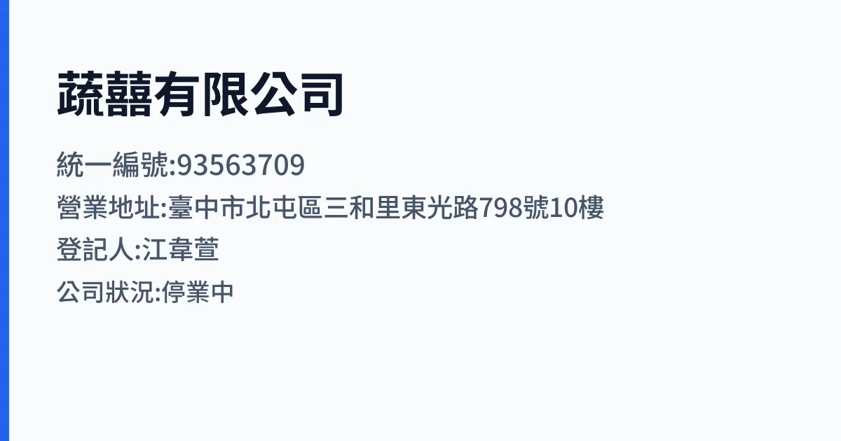 蔬囍有限公司 - 統編 93563709(臺中市) 公司登記資料與營業項目詳細圖表
