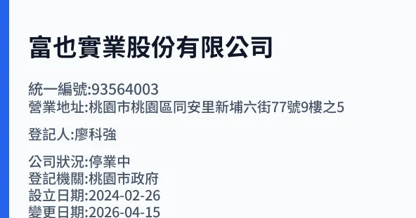 富也實業股份有限公司的照片-統編 93564003(桃園市) 公司登記資料與營業項目詳細圖表