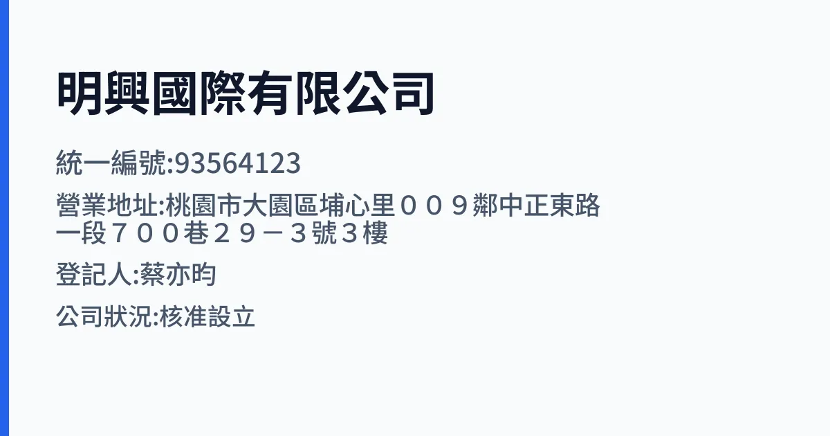 明興國際有限公司 - 統編 93564123(桃園市) 公司登記資料與營業項目詳細圖表