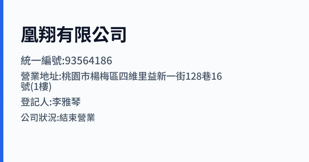 凰翔有限公司 - 統編 93564186(桃園市) 公司登記資料與營業項目詳細圖表