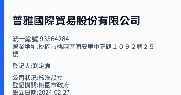 普雅國際貿易股份有限公司的照片-統編 93564284(桃園市) 公司登記資料與營業項目詳細圖表