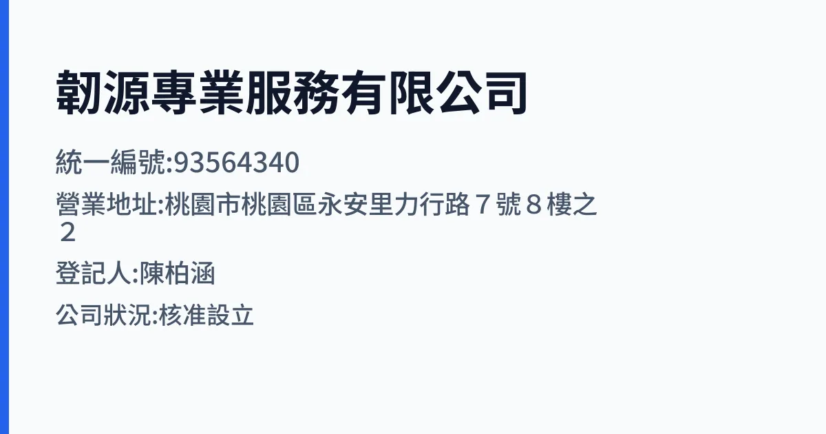 韌源專業服務有限公司 - 統編 93564340(桃園市) 公司登記資料與營業項目詳細圖表