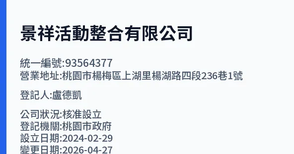 景祥活動整合有限公司的照片-統編 93564377(桃園市) 公司登記資料與營業項目詳細圖表