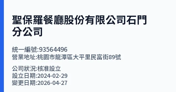 聖保羅餐廳股份有限公司石門分公司的照片-統編 93564496(桃園市) 公司登記資料與營業項目詳細圖表
