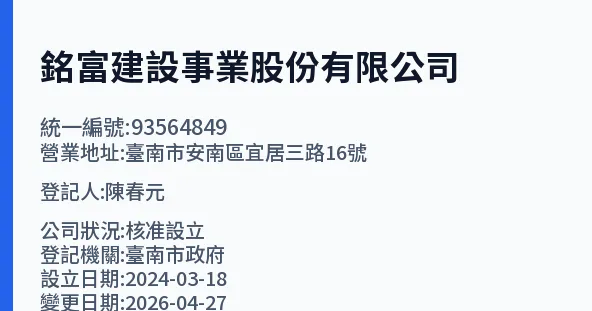 銘富建設事業股份有限公司的照片-統編 93564849(臺南市) 公司登記資料與營業項目詳細圖表