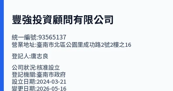 豐強投資顧問有限公司的照片-統編 93565137(臺南市) 公司登記資料與營業項目詳細圖表