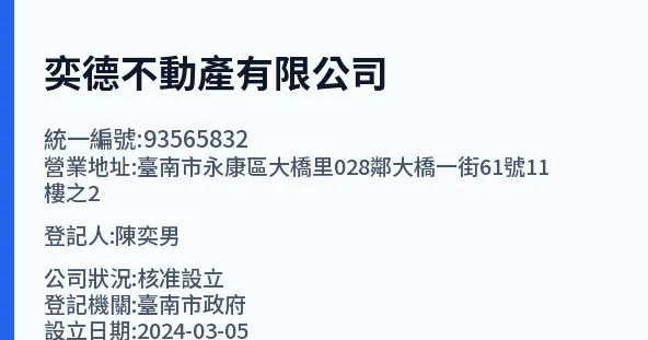 奕德不動產有限公司的照片-統編 93565832(臺南市) 公司登記資料與營業項目詳細圖表