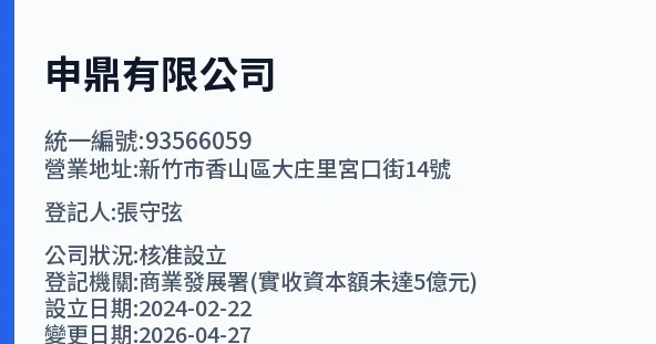 申鼎有限公司的照片-統編 93566059(新竹市) 公司登記資料與營業項目詳細圖表