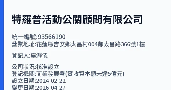 特羅普活動公關顧問有限公司的照片-統編 93566190(花蓮縣) 公司登記資料與營業項目詳細圖表