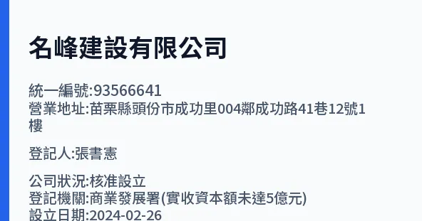 名峰建設有限公司的照片-統編 93566641(苗栗縣) 公司登記資料與營業項目詳細圖表