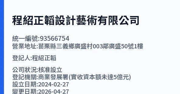 程紹正韜設計藝術有限公司的照片-統編 93566754(苗栗縣) 公司登記資料與營業項目詳細圖表