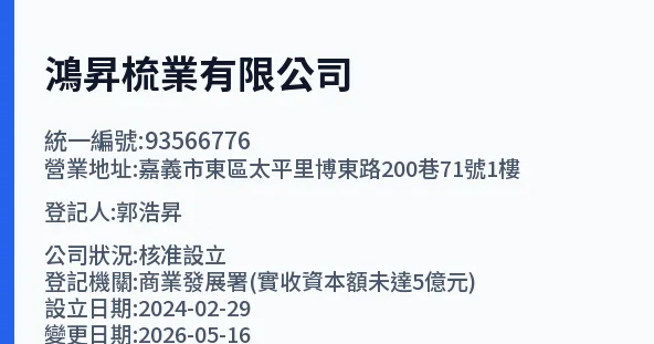 鴻昇梳業有限公司的照片-統編 93566776(嘉義市) 公司登記資料與營業項目詳細圖表