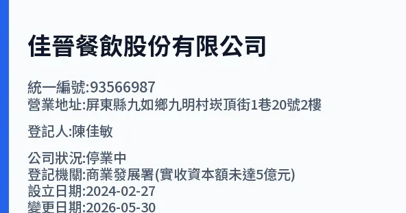 佳晉餐飲股份有限公司的照片-統編 93566987(屏東縣) 公司登記資料與營業項目詳細圖表