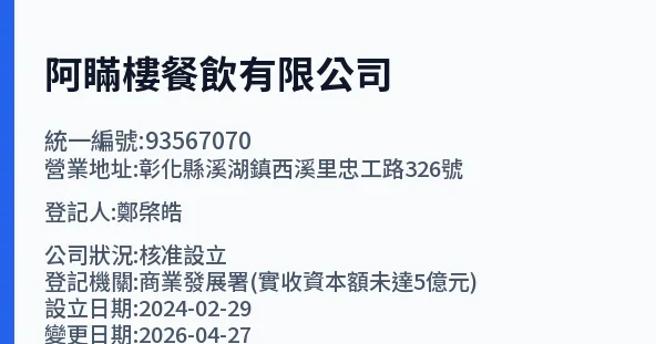 阿瞞樓餐飲有限公司的照片-統編 93567070(彰化縣) 公司登記資料與營業項目詳細圖表