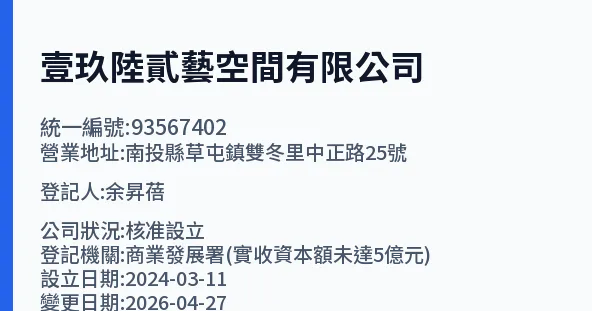 壹玖陸貳藝空間有限公司的照片-統編 93567402(南投縣) 公司登記資料與營業項目詳細圖表