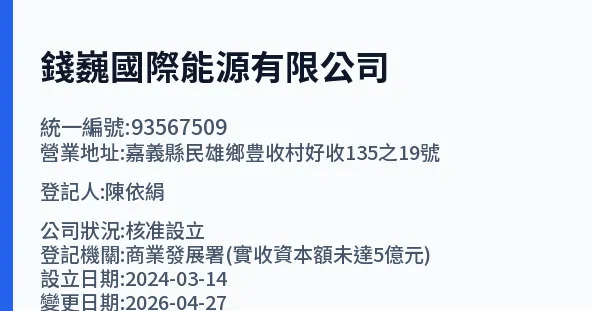 錢巍國際能源有限公司的照片-統編 93567509(嘉義縣) 公司登記資料與營業項目詳細圖表