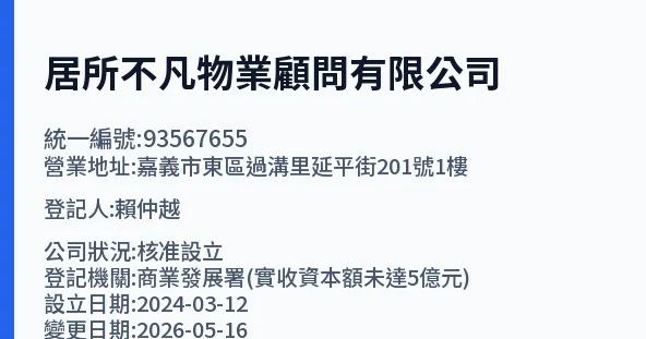 居所不凡物業顧問有限公司的照片-統編 93567655(嘉義市) 公司登記資料與營業項目詳細圖表