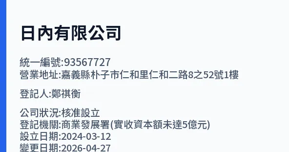 日內有限公司的照片-統編 93567727(嘉義縣) 公司登記資料與營業項目詳細圖表