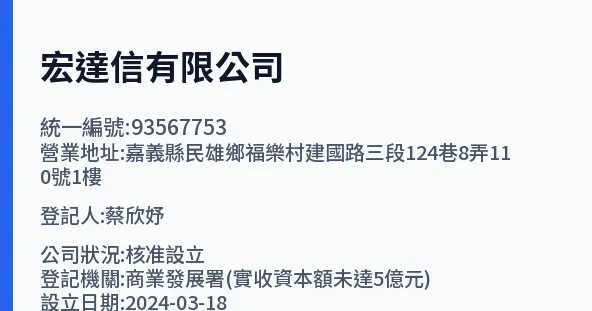 宏達信有限公司的照片-統編 93567753(嘉義縣) 公司登記資料與營業項目詳細圖表