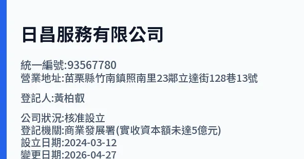 日昌服務有限公司的照片-統編 93567780(苗栗縣) 公司登記資料與營業項目詳細圖表
