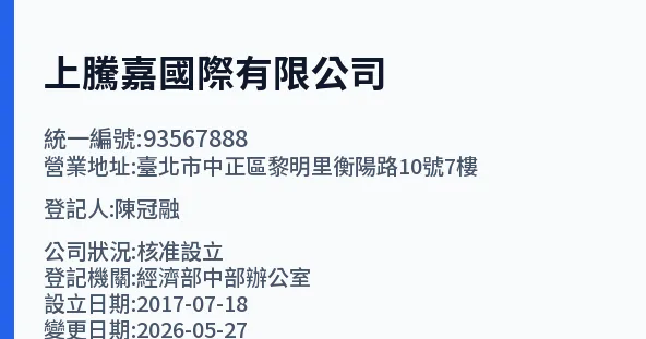 上騰嘉國際有限公司的照片-統編 93567888(臺北市) 公司登記資料與營業項目詳細圖表