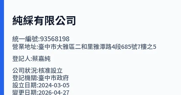 純綵有限公司的照片-統編 93568198(臺中市) 公司登記資料與營業項目詳細圖表