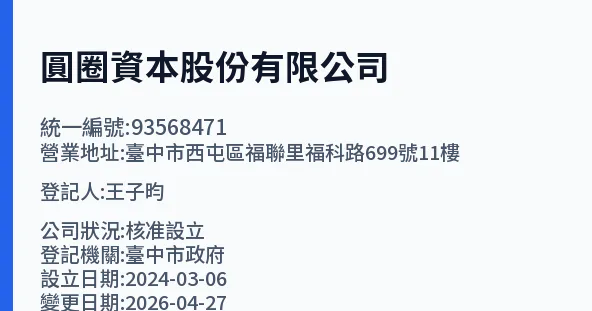 圓圈資本股份有限公司的照片-統編 93568471(臺中市) 公司登記資料與營業項目詳細圖表