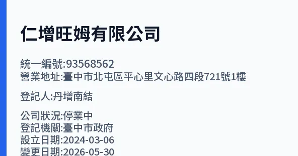 仁增旺姆有限公司的照片-統編 93568562(臺中市) 公司登記資料與營業項目詳細圖表