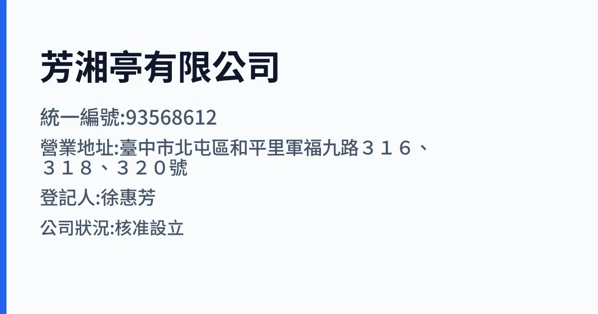 芳湘亭有限公司 - 統編 93568612(臺中市) 公司登記資料與營業項目詳細圖表