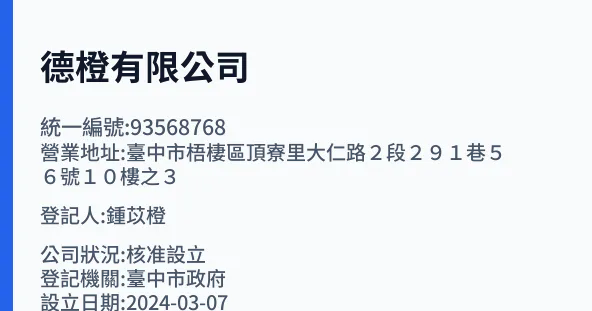 德橙有限公司的照片-統編 93568768(臺中市) 公司登記資料與營業項目詳細圖表