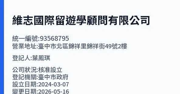 維志國際留遊學顧問有限公司的照片-統編 93568795(臺中市) 公司登記資料與營業項目詳細圖表
