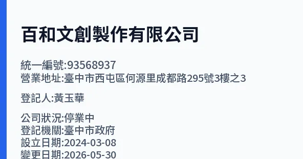 百和文創製作有限公司的照片-統編 93568937(臺中市) 公司登記資料與營業項目詳細圖表