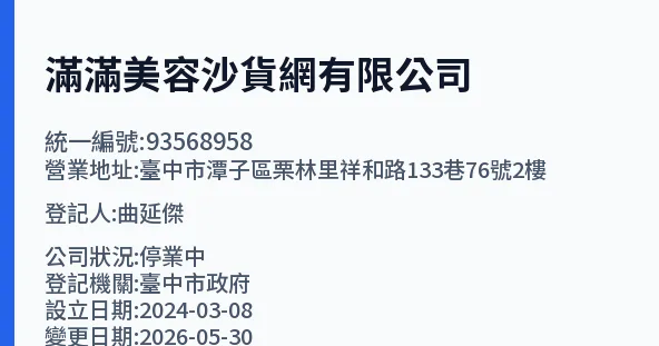 滿滿美容沙貨網有限公司的照片-統編 93568958(臺中市) 公司登記資料與營業項目詳細圖表