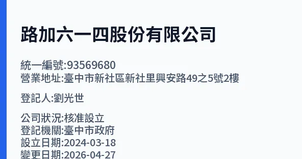 路加六一四股份有限公司的照片-統編 93569680(臺中市) 公司登記資料與營業項目詳細圖表
