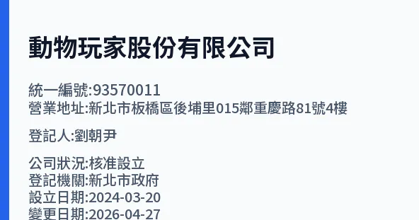 動物玩家股份有限公司的照片-統編 93570011(新北市) 公司登記資料與營業項目詳細圖表