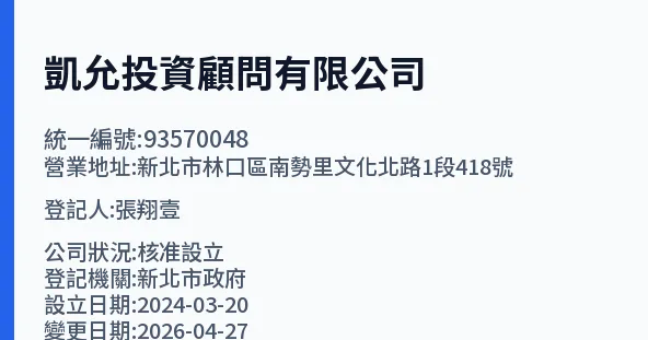 凱允投資顧問有限公司的照片-統編 93570048(新北市) 公司登記資料與營業項目詳細圖表