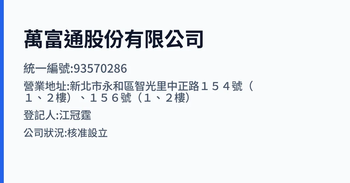 萬富通股份有限公司 - 統編 93570286（新北市） 公司登記資料與營業項目詳細圖表