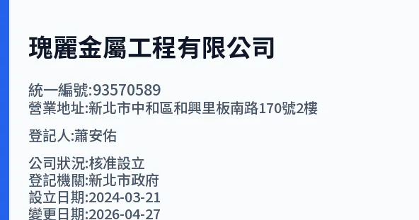 瑰麗金屬工程有限公司的照片-統編 93570589(新北市) 公司登記資料與營業項目詳細圖表