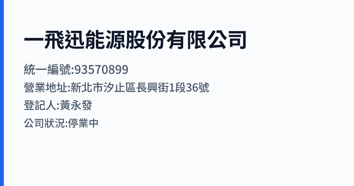 一飛迅能源股份有限公司 - 統編 93570899(新北市) 公司登記資料與營業項目詳細圖表