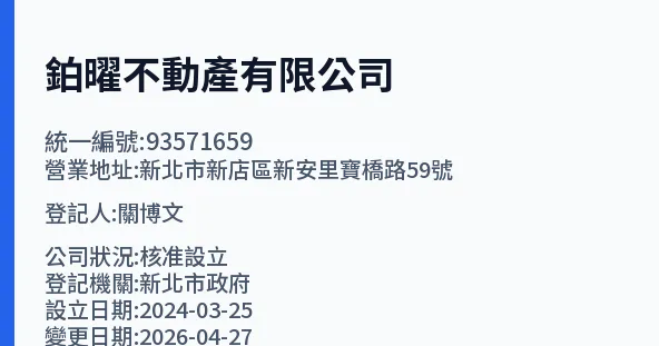 鉑曜不動產有限公司的照片-統編 93571659(新北市) 公司登記資料與營業項目詳細圖表